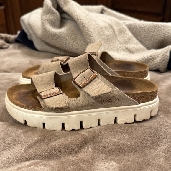 Papillio | Shoes | Papillio Birkenstock Sz 39 Taupe Suede Slide Chunky ...
